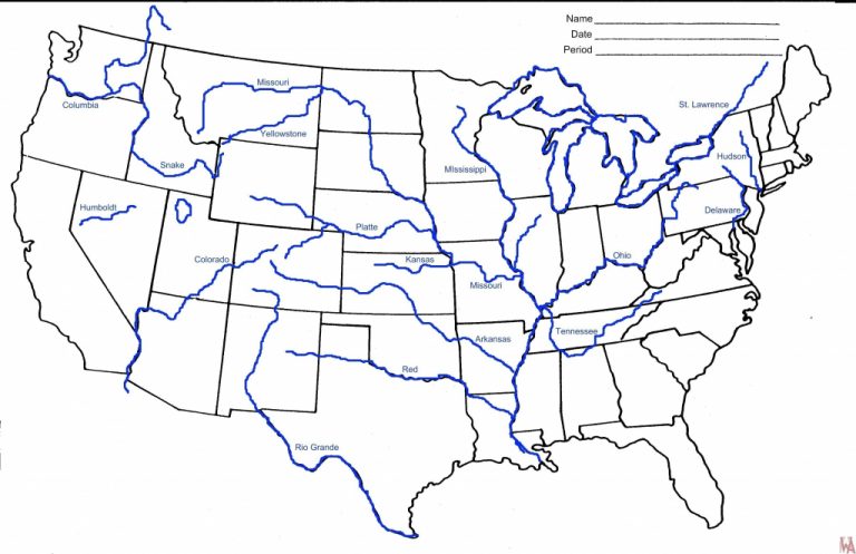 Us Major Rivers Map Printable New Unlabeled Map Us Rivers Us Rivers ...