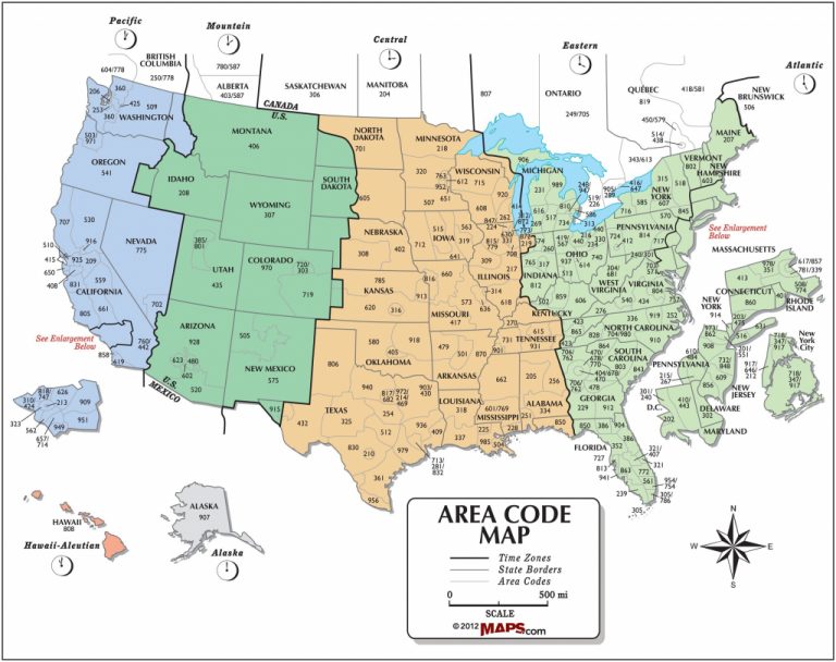 Usa Area Code And Time Zone Wall Map - Maps | Printable Us Timezone Map ...