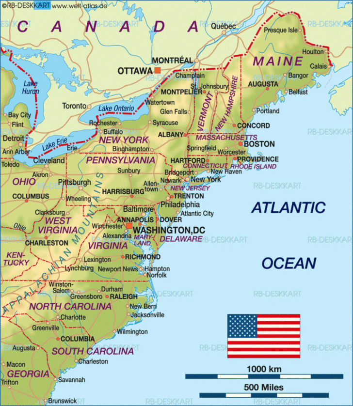 Map Of East Coast Usa (Region In United States) | Welt-Atlas.de | Map ...