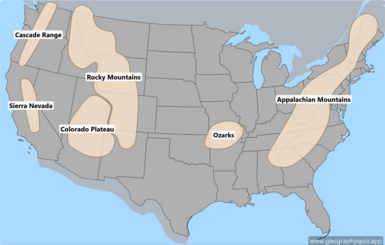 Maps Of Usa - Mountain Ranges | 🌎 Geographyquiz.app | Mountain Range ...