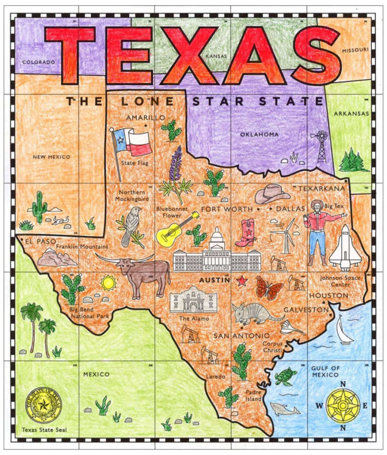 Printable Map Of Texas For Kids With Cities And Landmarks To Color ...