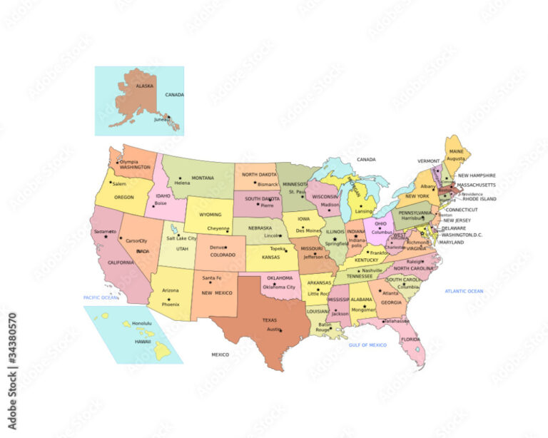Stock-Vektorgrafik „Usa Map With Names Of States And Capital | Map Of ...