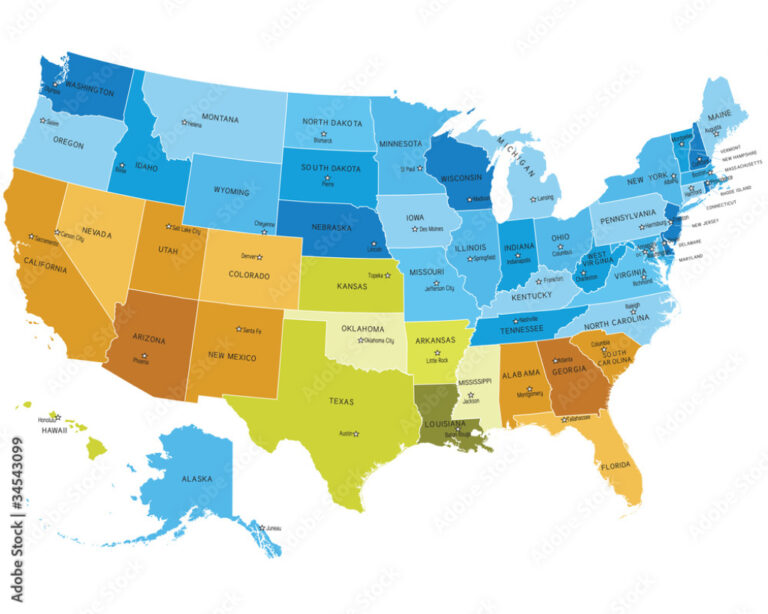 Stock-Vektorgrafik „Usa States Map With Names Of Cities“ | Adobe Stock ...