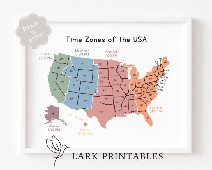 Time Zones Of The Usa Map Educational Poster Printable Geography ...