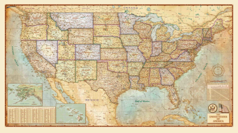 United States Antique Wall Mapcompart - The Map Shop | Old Maps Of The ...