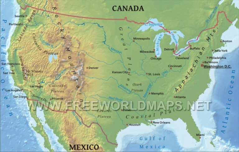 United States Physical Map | Physical Map Of Canada And USA - Printable ...